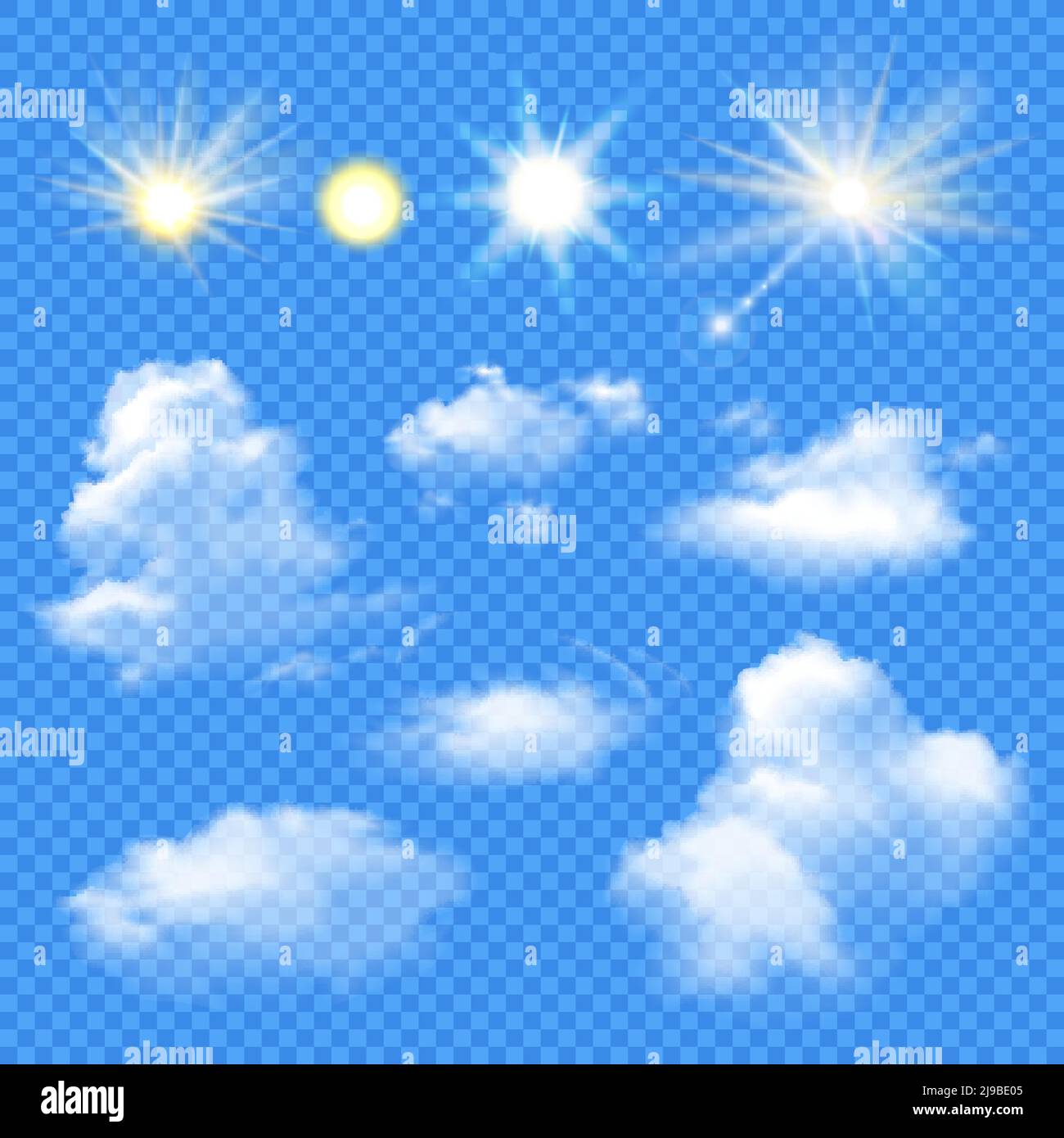 Set of sun in different brightness and clouds of various shape on ...