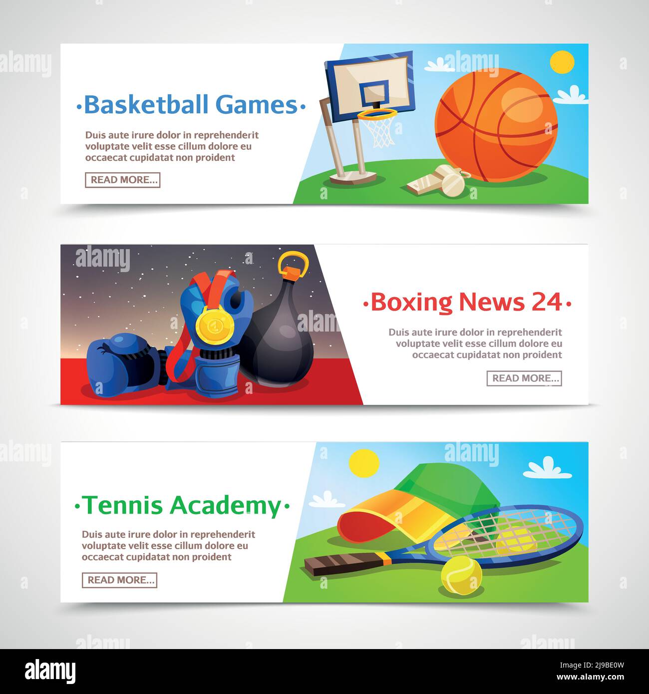 Sport horizontal banners set of basketball games boxing news and tennis ...