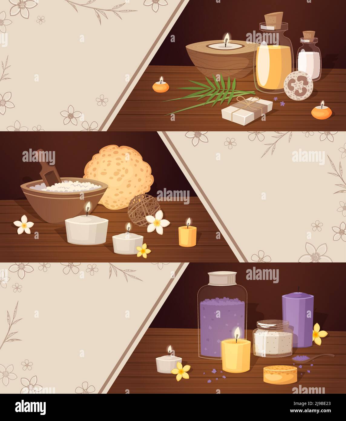 Spa beauty cartoon horizontal banners with body care elements bowl oil ...