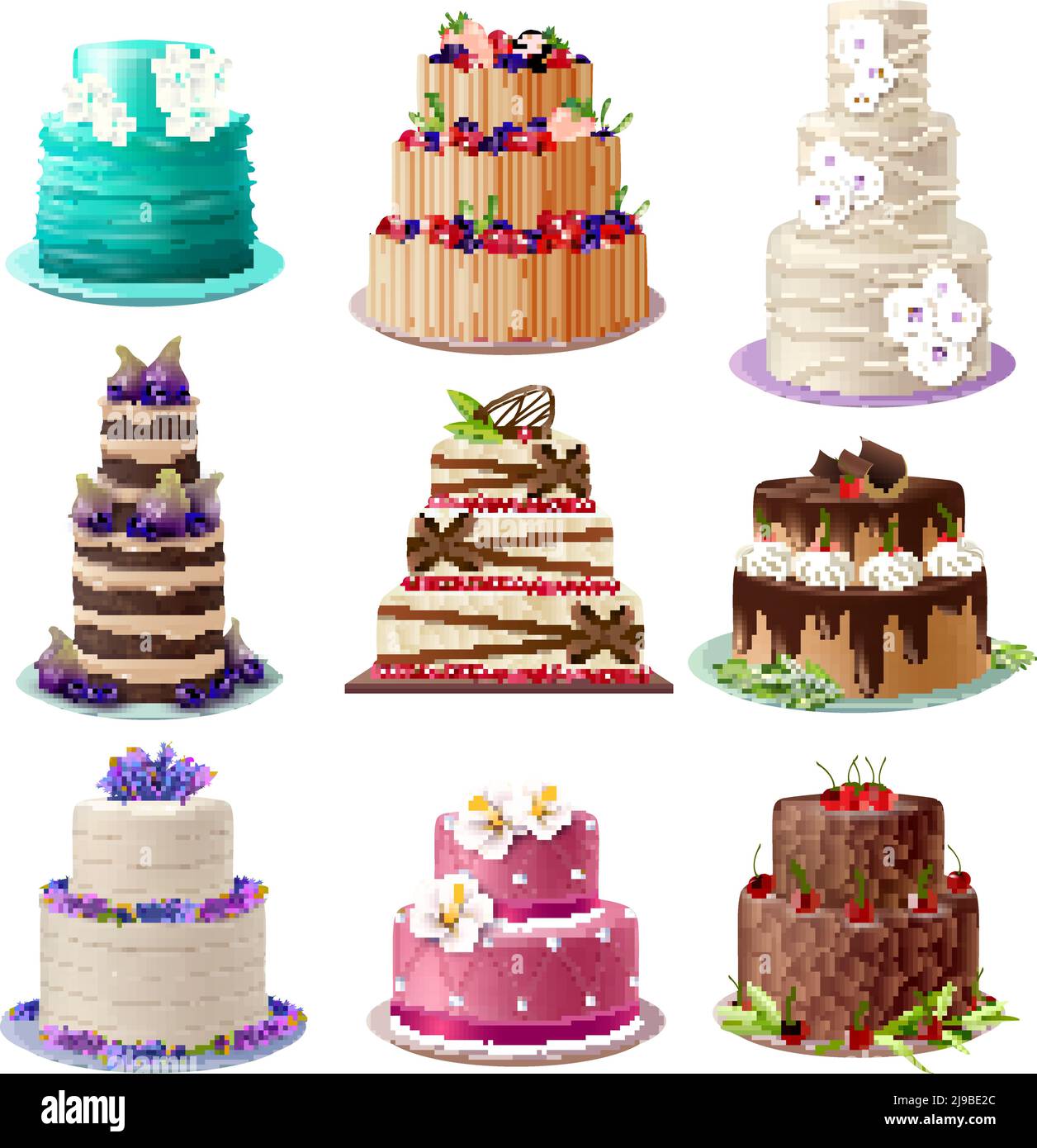 Sweet baked cakes set with colorful different decorated confectioneries ...
