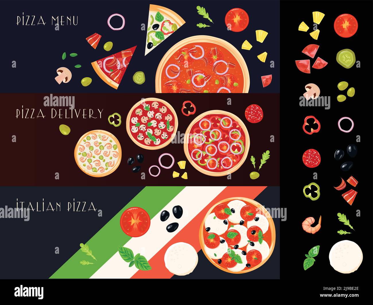 Three italian pizza horizontal banners set with isolated filler ...
