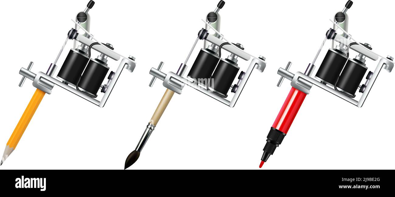 Tattoo machine with pencil brush and marker drawing set isolated on ...