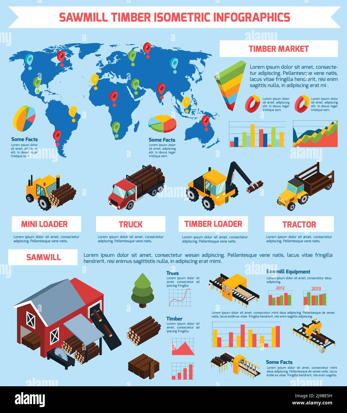 Timber market infographics isometric layout with sawmill equipment and ...