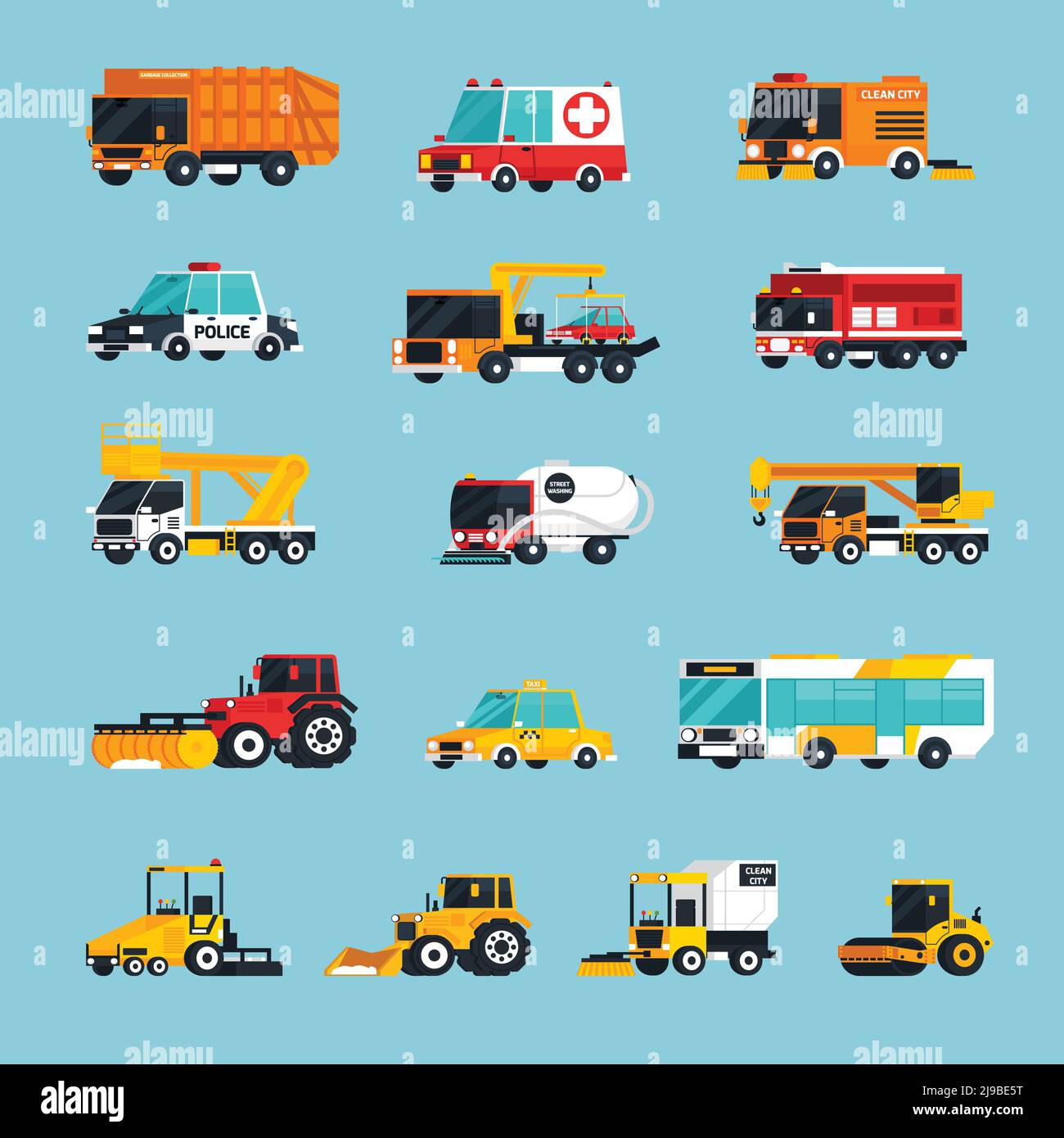 Special and emergency transport flat colored icons set with vehicles ...