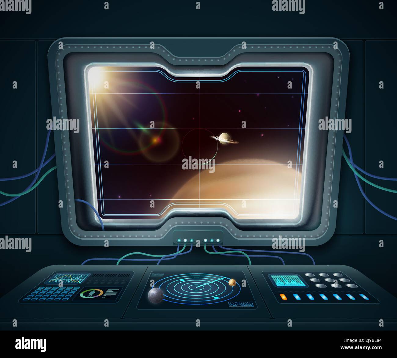 Space ship window with space planets and stars cartoon vector ...