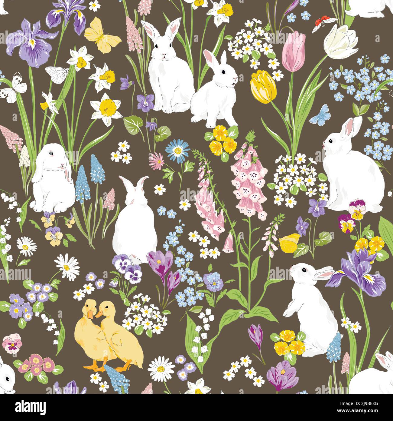 Cute bunny and Duckling in Spring Bloomy flourish garden vector ...