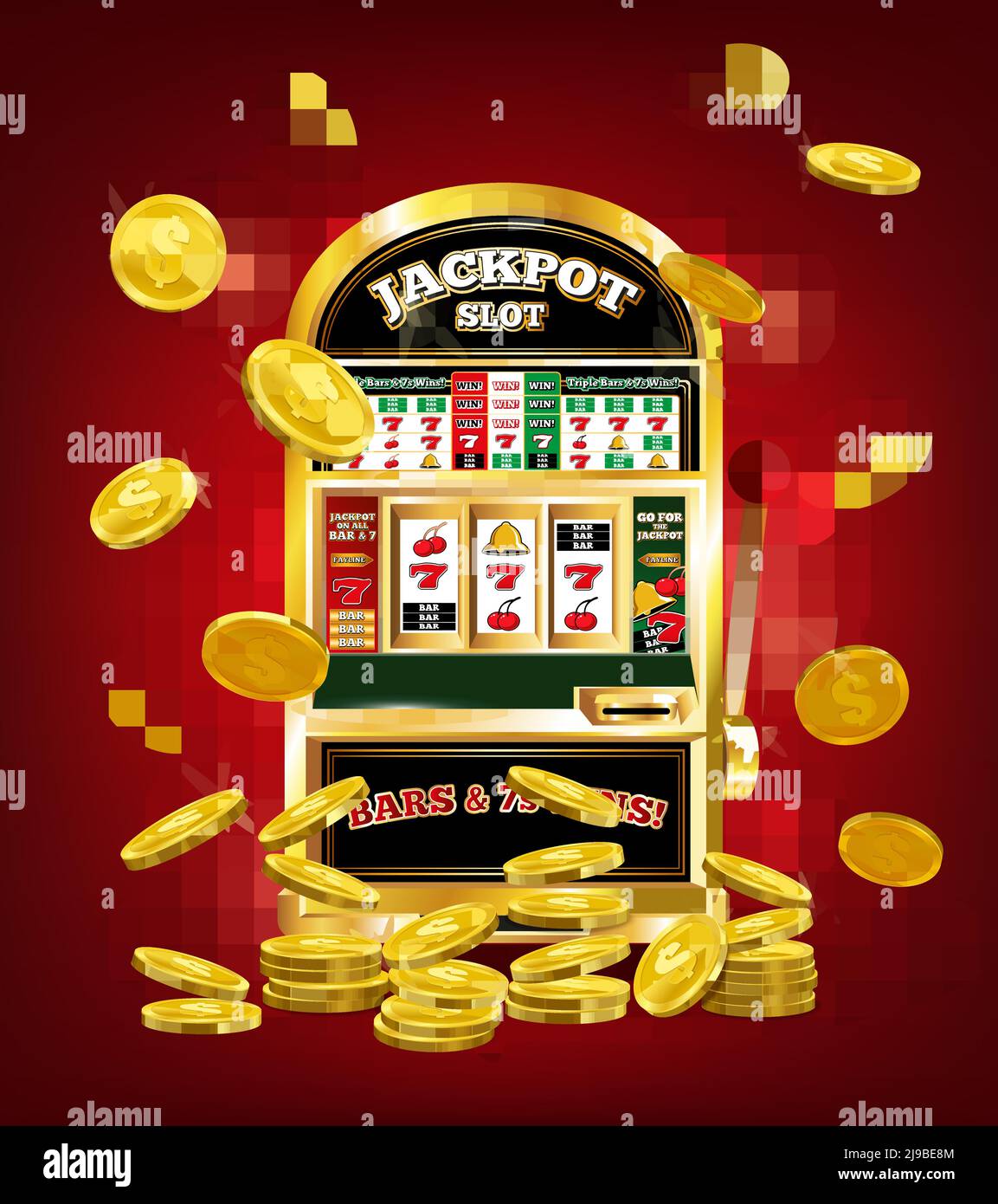 Slot machine poster with jackpot on game line, gold dollar coins on red ...