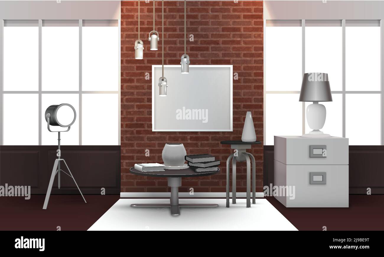 Realistic loft interior with brick wall between wide windows, metal ...