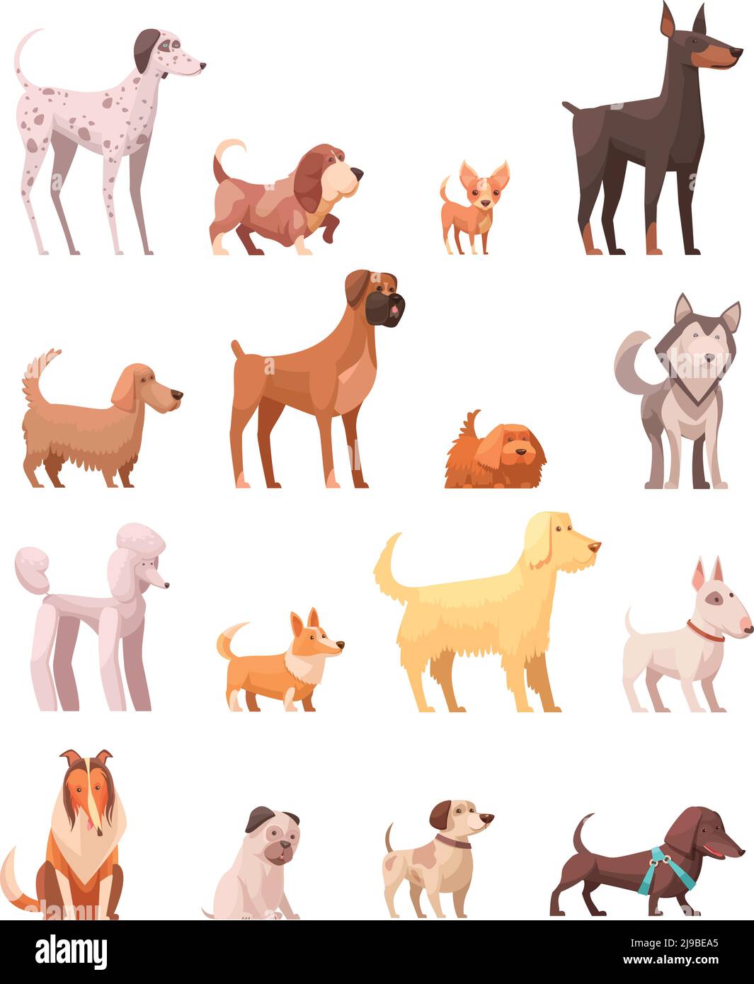 Dog breeds retro cartoon icons collection with husky poedel collie ...
