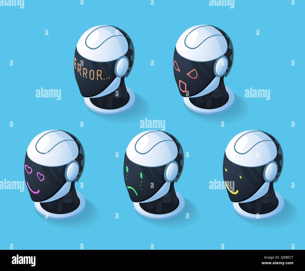 Robot emotions set of five isolated isometric droid head images with ...