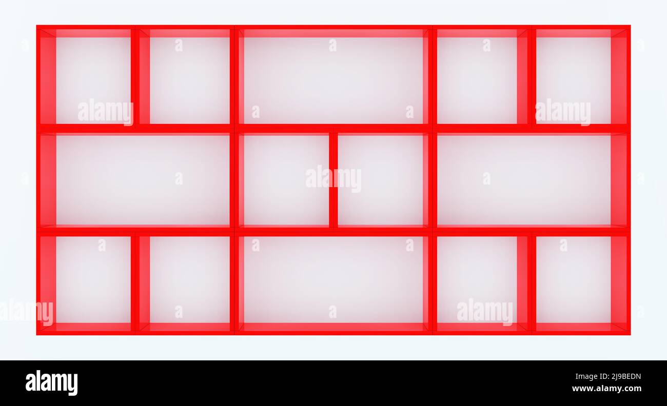 3D vector mockup of red empty cabinet with shelves on white wall ...