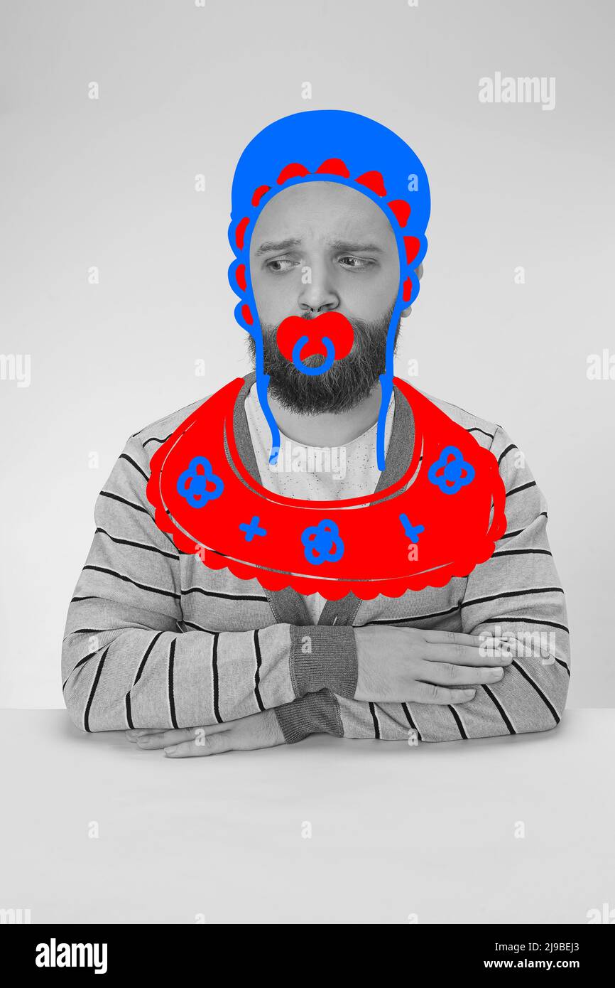 Contemporary artwork. Comic portrait of young strange man with bright ...