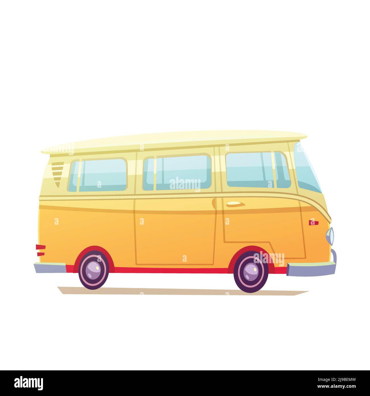 Color cartoon illustration with white background depicting red surf bus ...