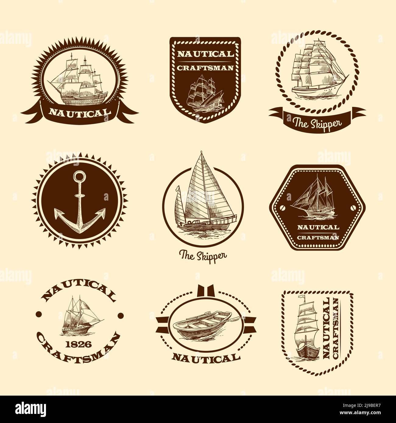 Nautical craftsman skipper emblem set with sketch sailing clipper ships ...