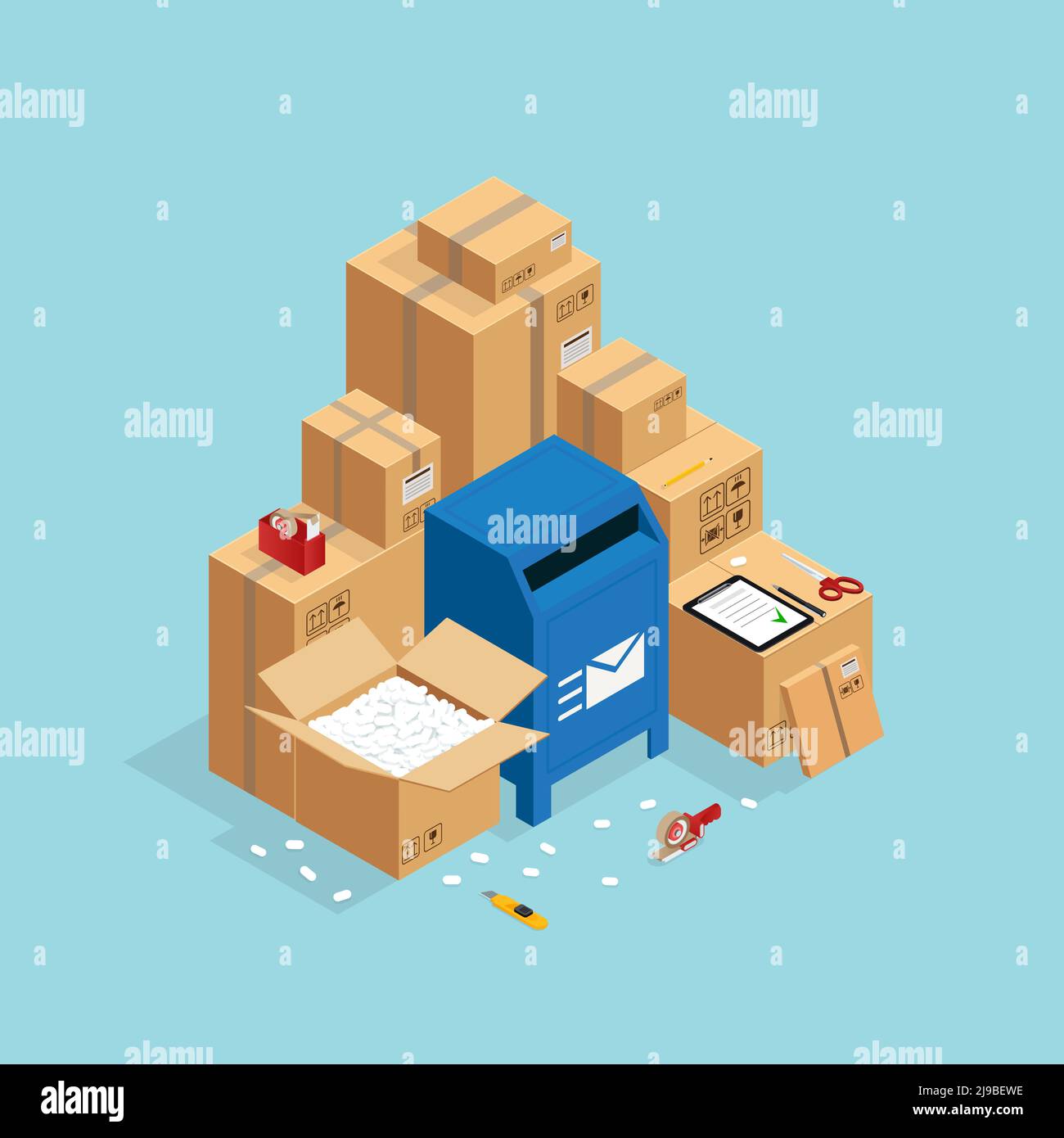 Box packing and sending composition with isometric images of post mail ...
