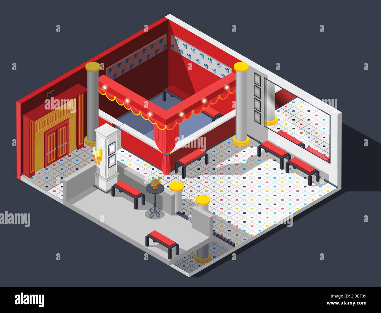 Theatre hall isometric composition with lights benches and mirror ...