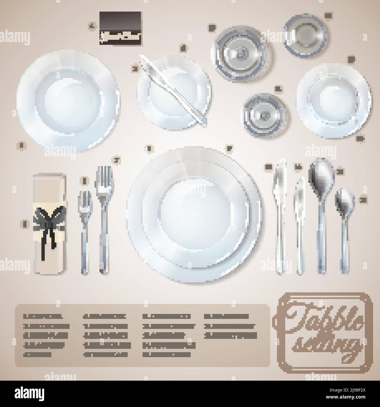 Table setting top view infographics with information about dishware and ...