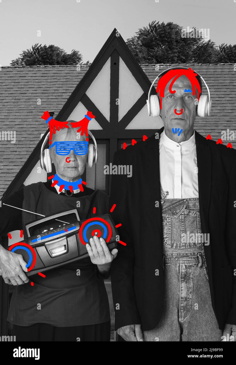 Caricature. Contemporary art collage. Senior man and woman's portrait ...