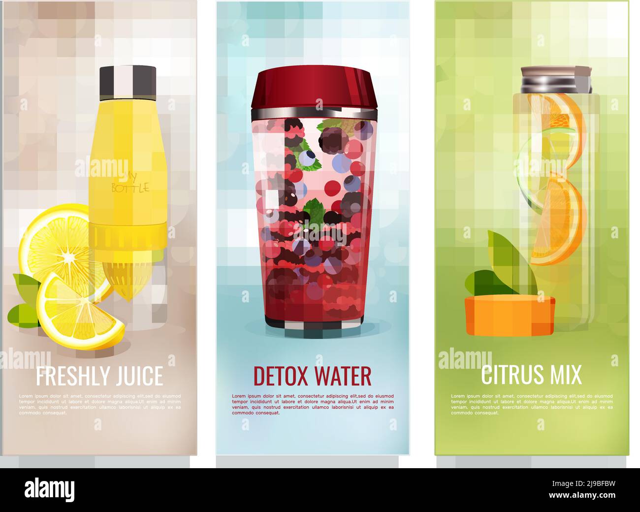 Detox drinks set of vertical banners with fresh juice, citrus mix on ...