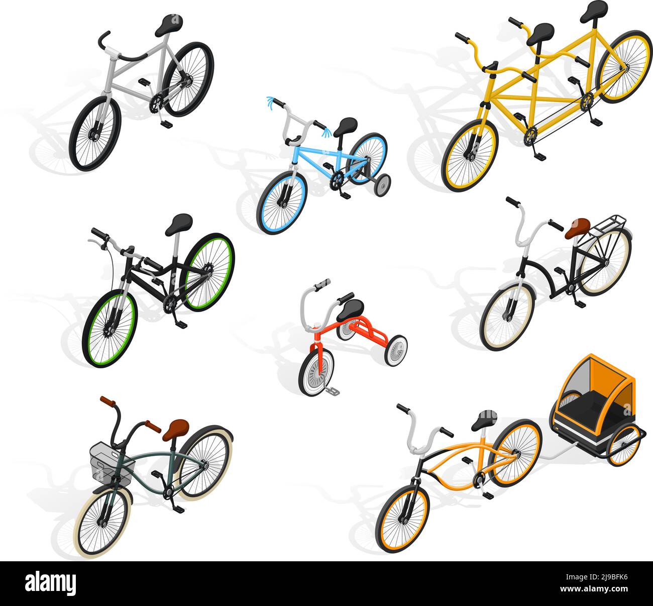 Bicycle isometric set of isolated adult and kids bike images with ...