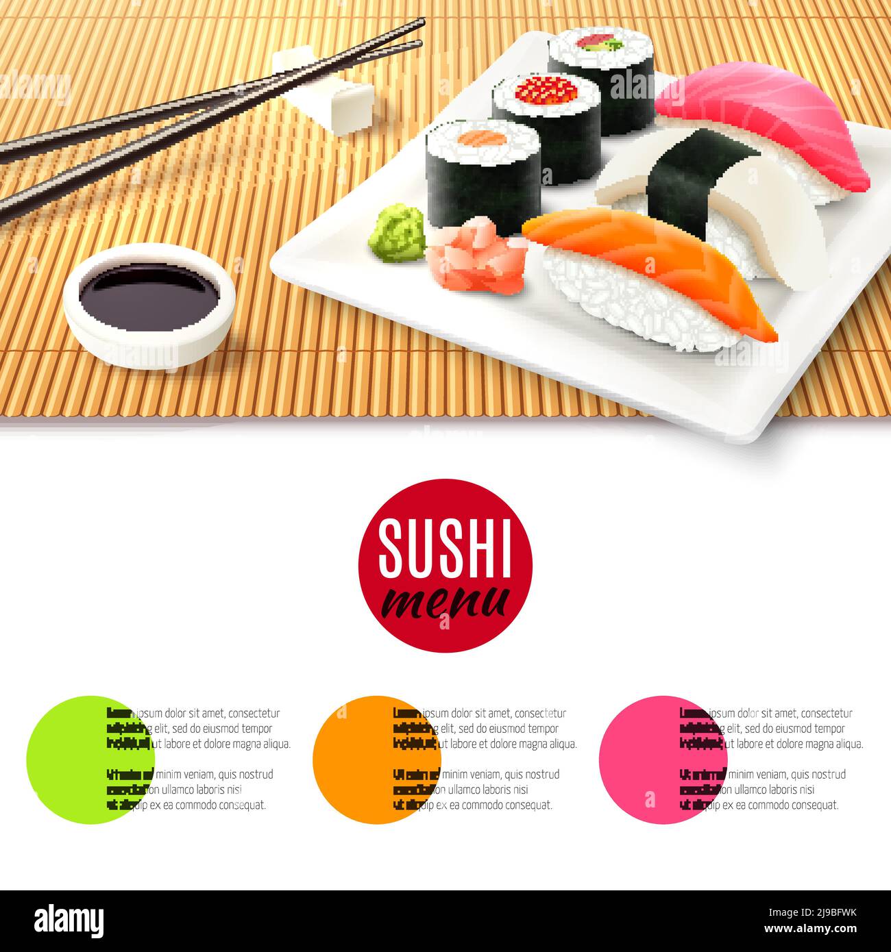 Sushi roll realistic and bamboo mat with chopsticks and soy sauce ...