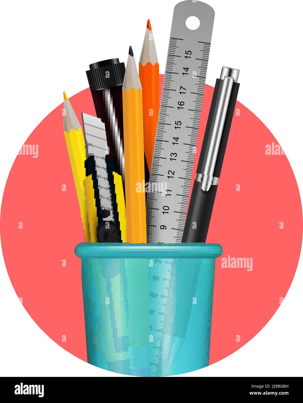Different stationery items in blue plastic glass composition in red ...