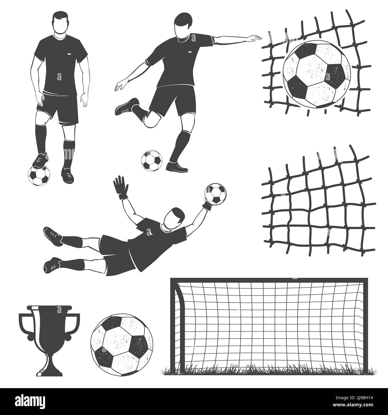 Set of football, soccer sports equipment and player silhouettes. Vector ...