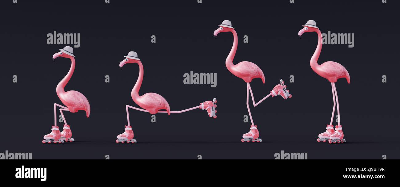 Pink flamingo in various poses rides roller skates on black background ...