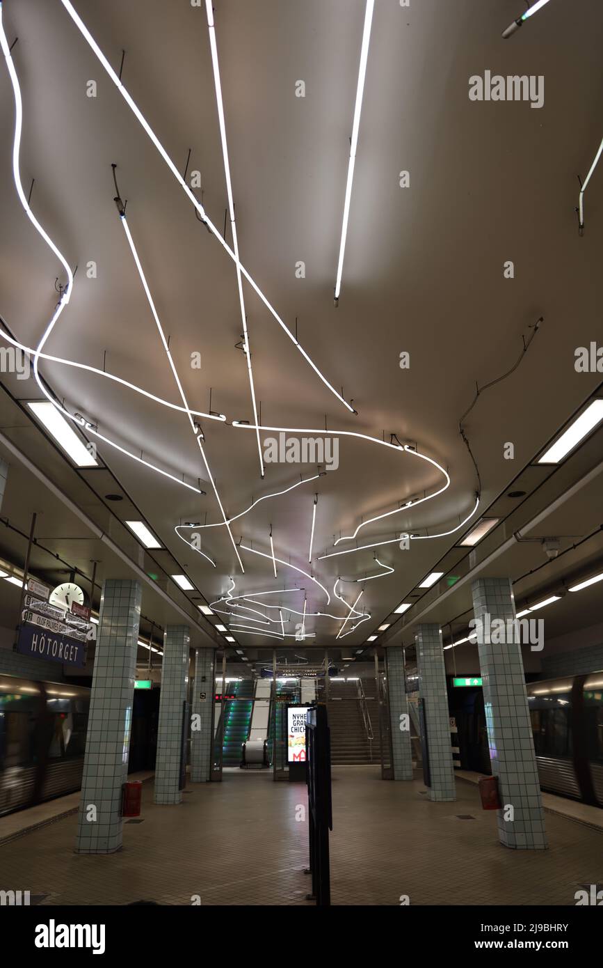 Neon lights artwork by Gun Gordillo in Hötorget metro station ...