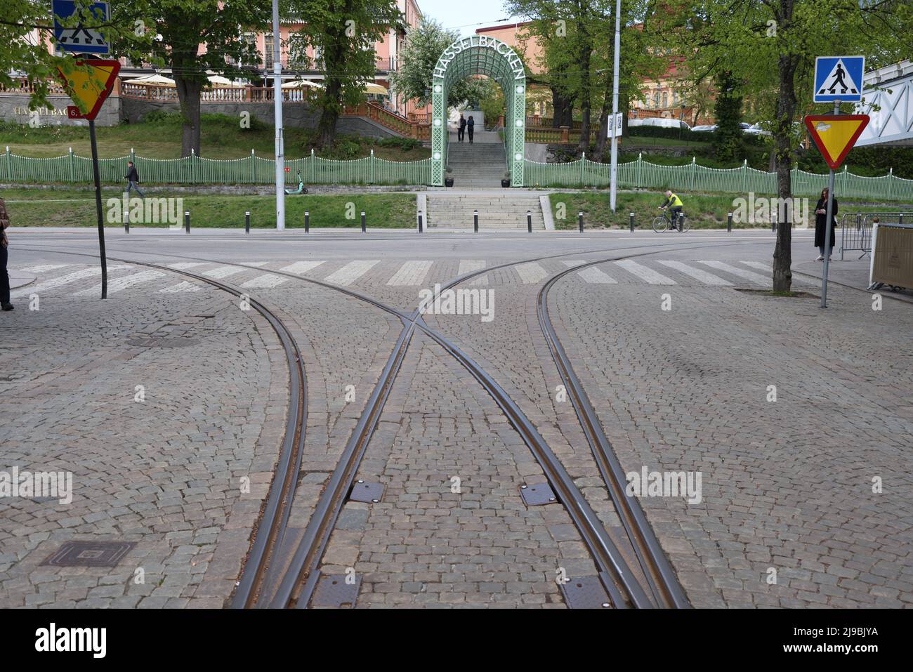 Bifurcation (fork, railroad switch) in tram tracks in Stockholm ...