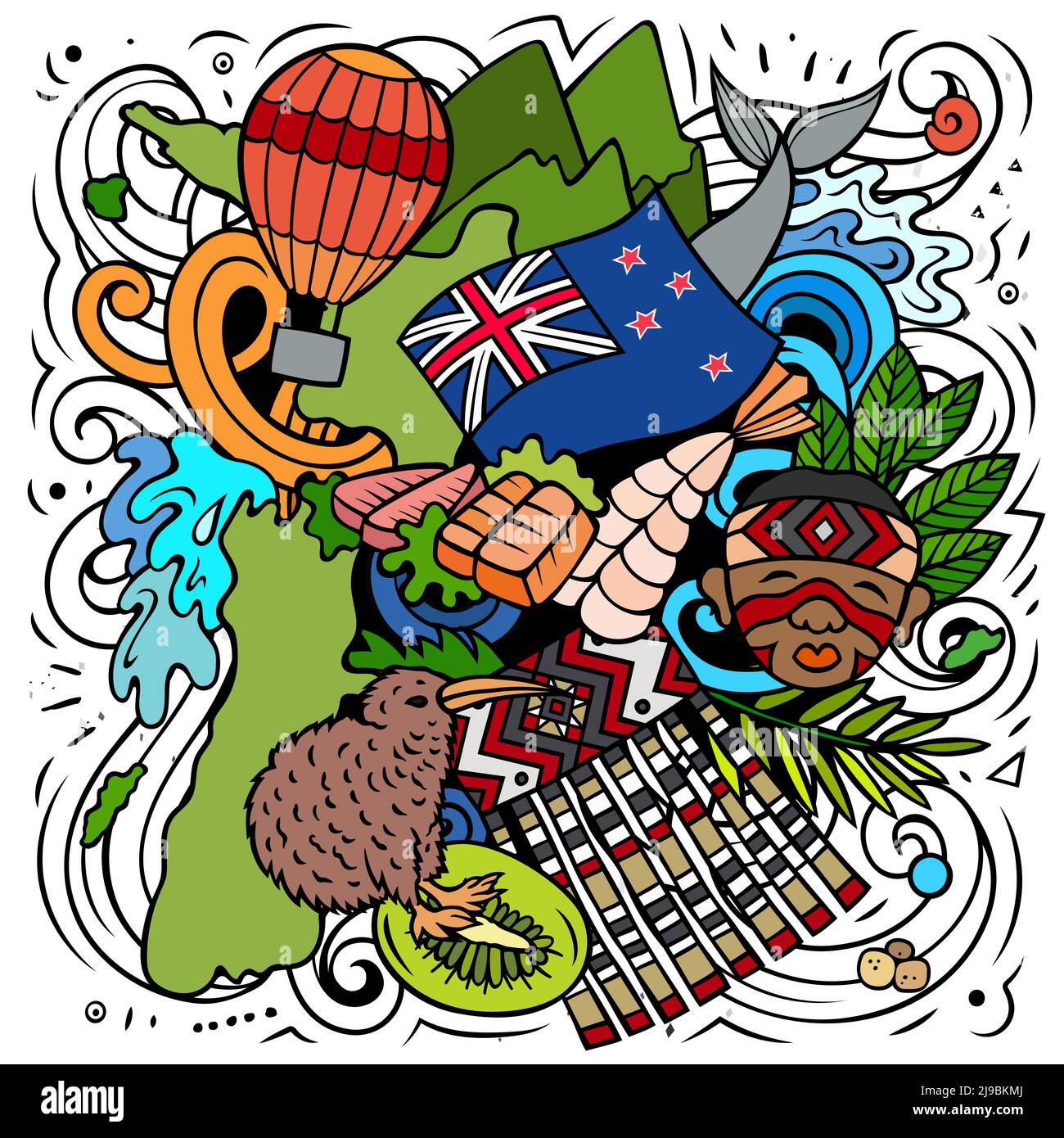 New Zealand hand drawn cartoon doodle illustration. Funny local design ...