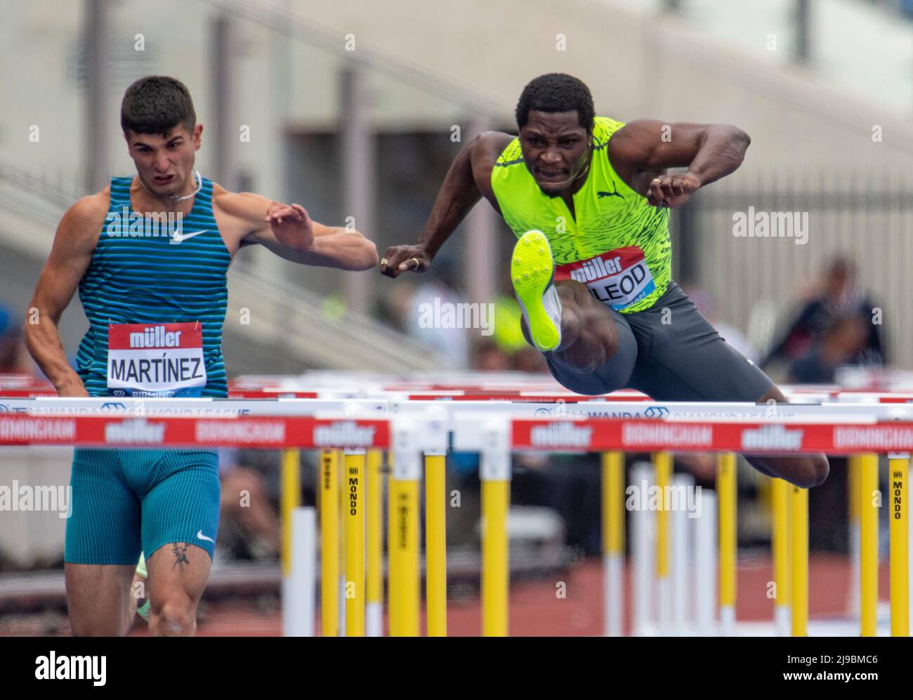 Omar McLeod competing in the men’s 110m hurdles race at the Birmingham ...