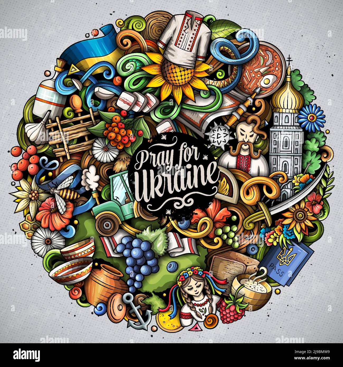 Ukraine cartoon vector doodles round illustration. Ukrainian symbols ...