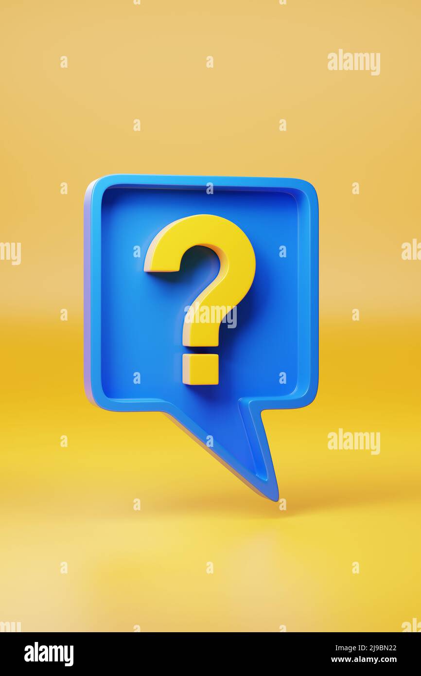 Speech balloon with a question mark isolated on yellow background. 3d ...