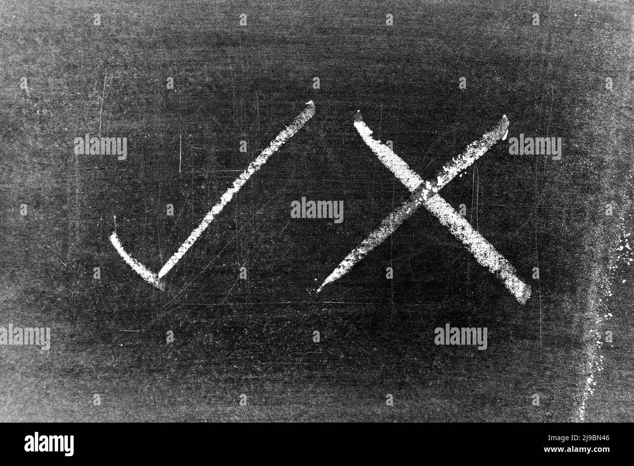 White color chalk hand drawing in check mark of right and wrong shape ...