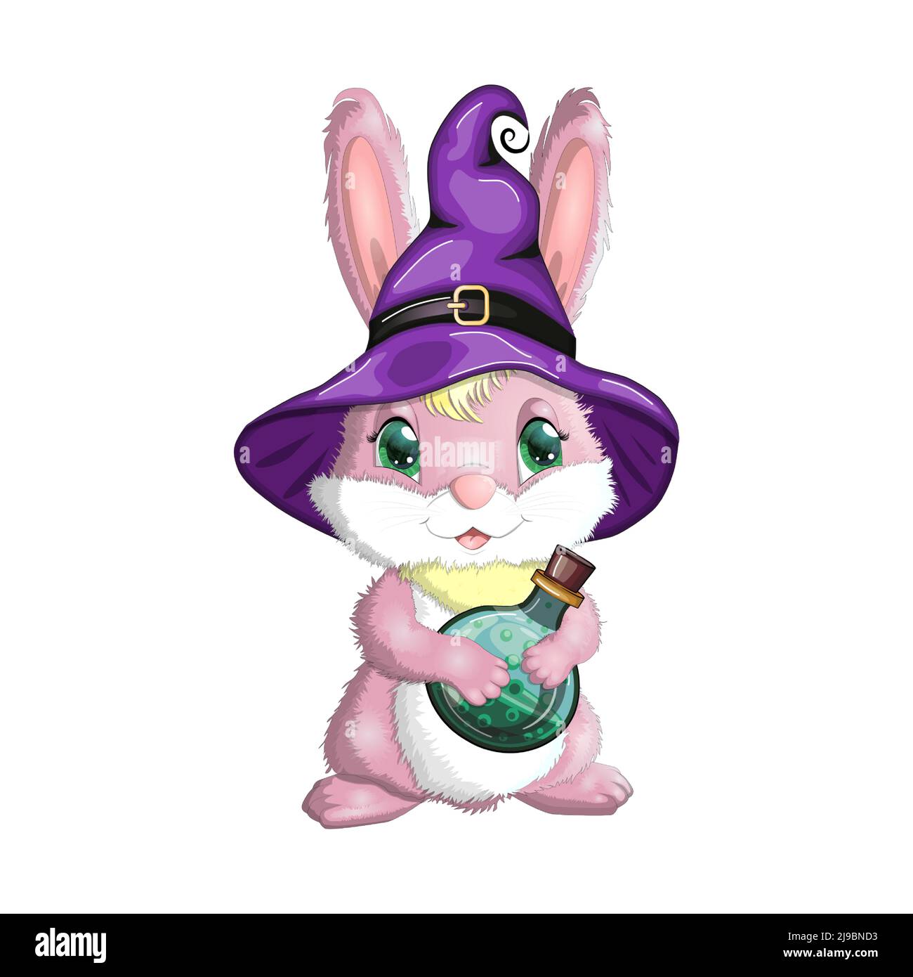 Cute Bunny in witch hat with pumpkin, broom, potion. Happy Halloween ...