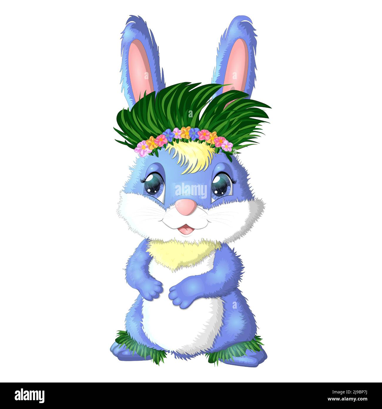Cute rabbit, hare in Hawaiian clothes dancing hula. Wreath and garland ...