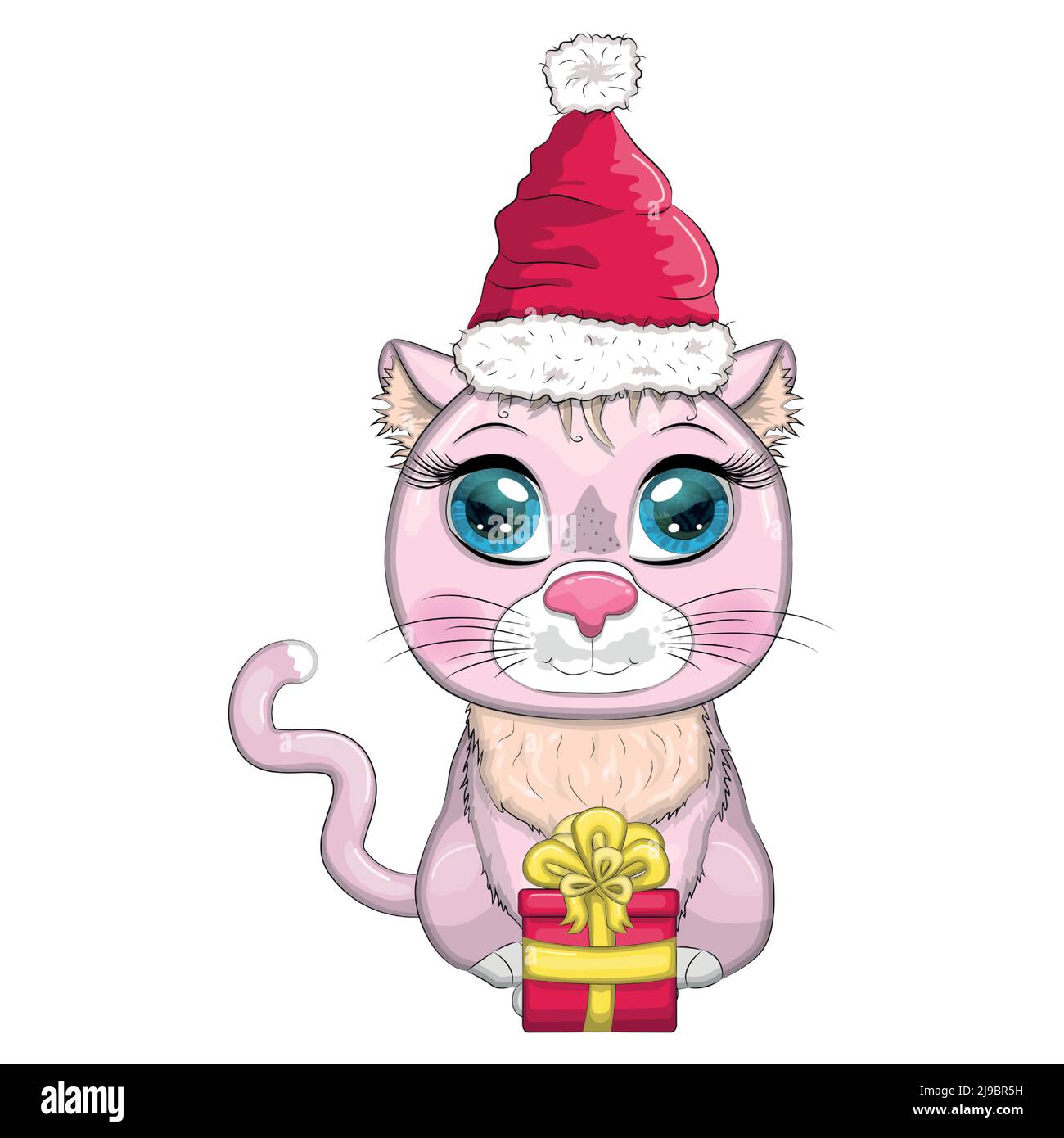 Cute cartoon cat in santa hat with gift. Winter 2023, Christmas and ...