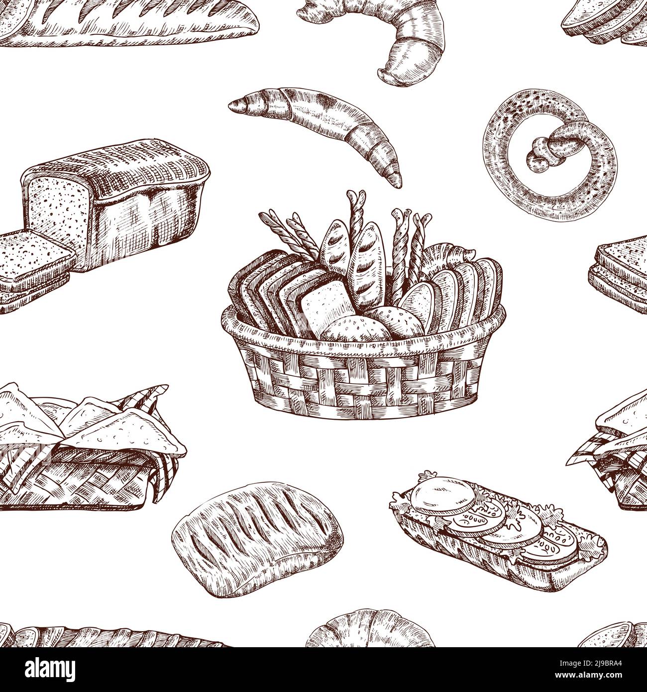 Bakery hand drawn seamless pattern with bread basket ciabatta and ...