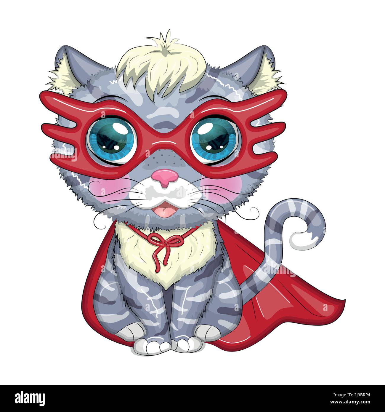 Cartoon cat superhero in a red cloak and mask. Cute child character ...