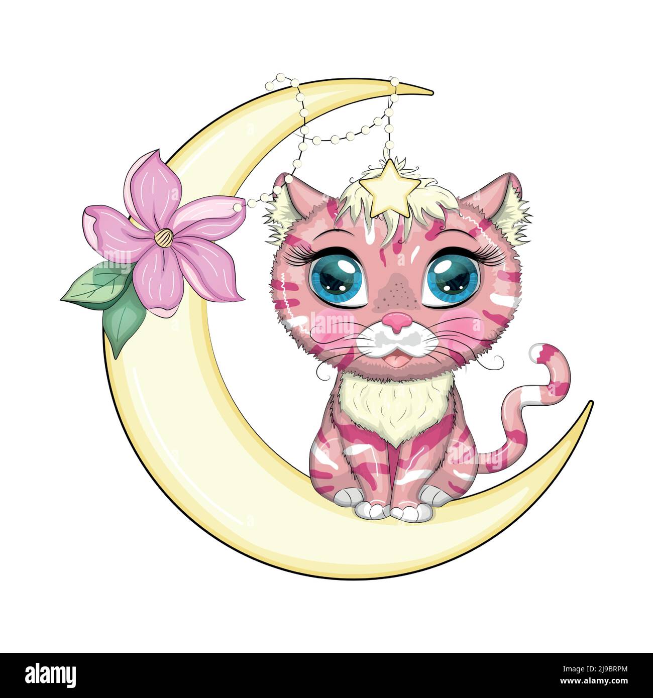 Cartoon cat on the moon with flowers. Cute child character, symbol of ...