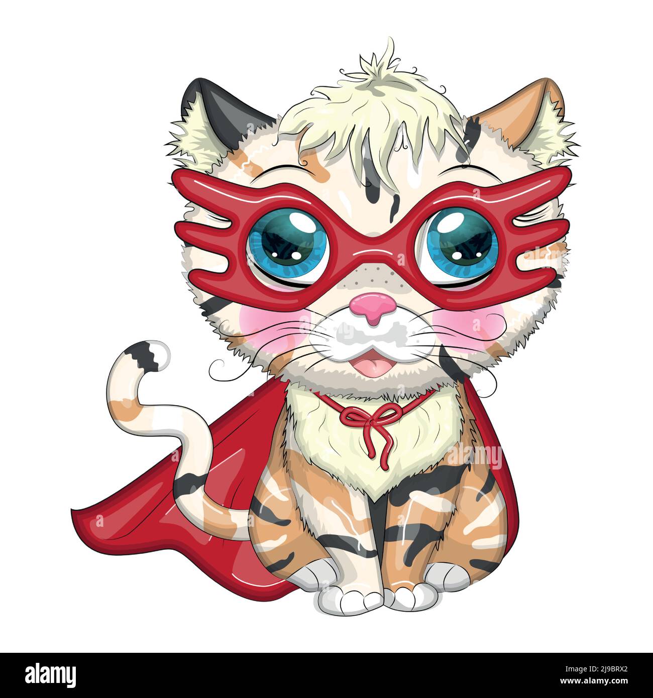 Cartoon cat superhero in a red cloak and mask. Cute child character ...