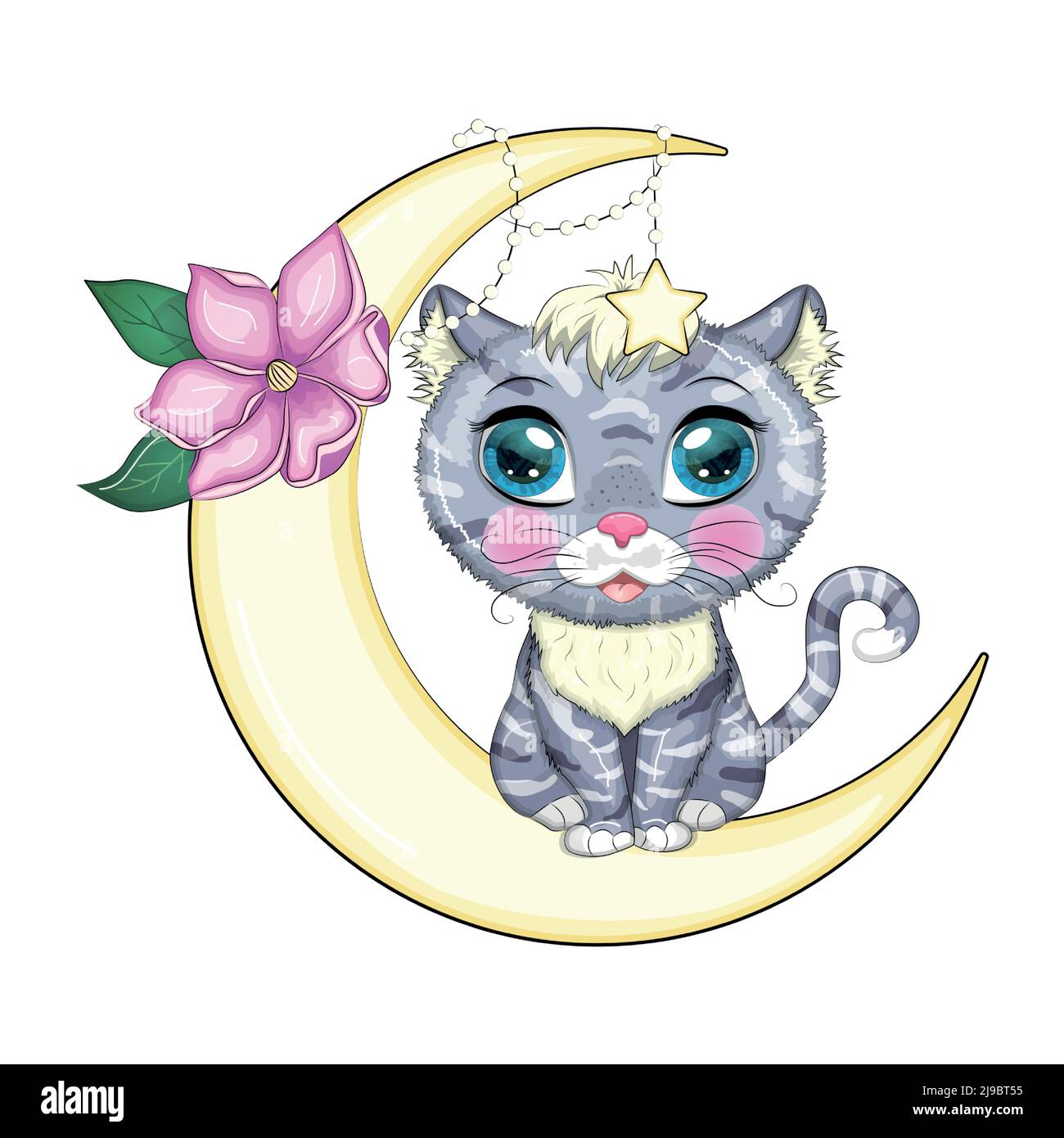 Cartoon cat on the moon with flowers. Cute child character, symbol of ...