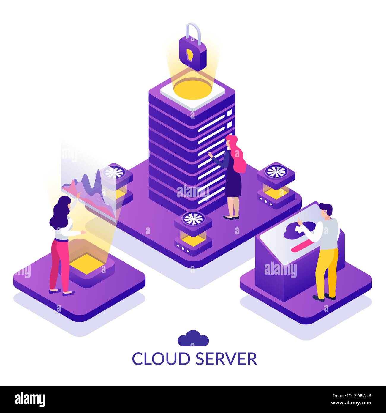 Datacenter secure cloud server service isometric composition with analytics virtually accessing ...