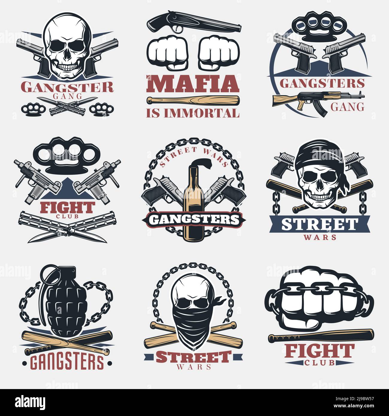 Nine isolated mafia and gangster emblems set with various symbols of ...