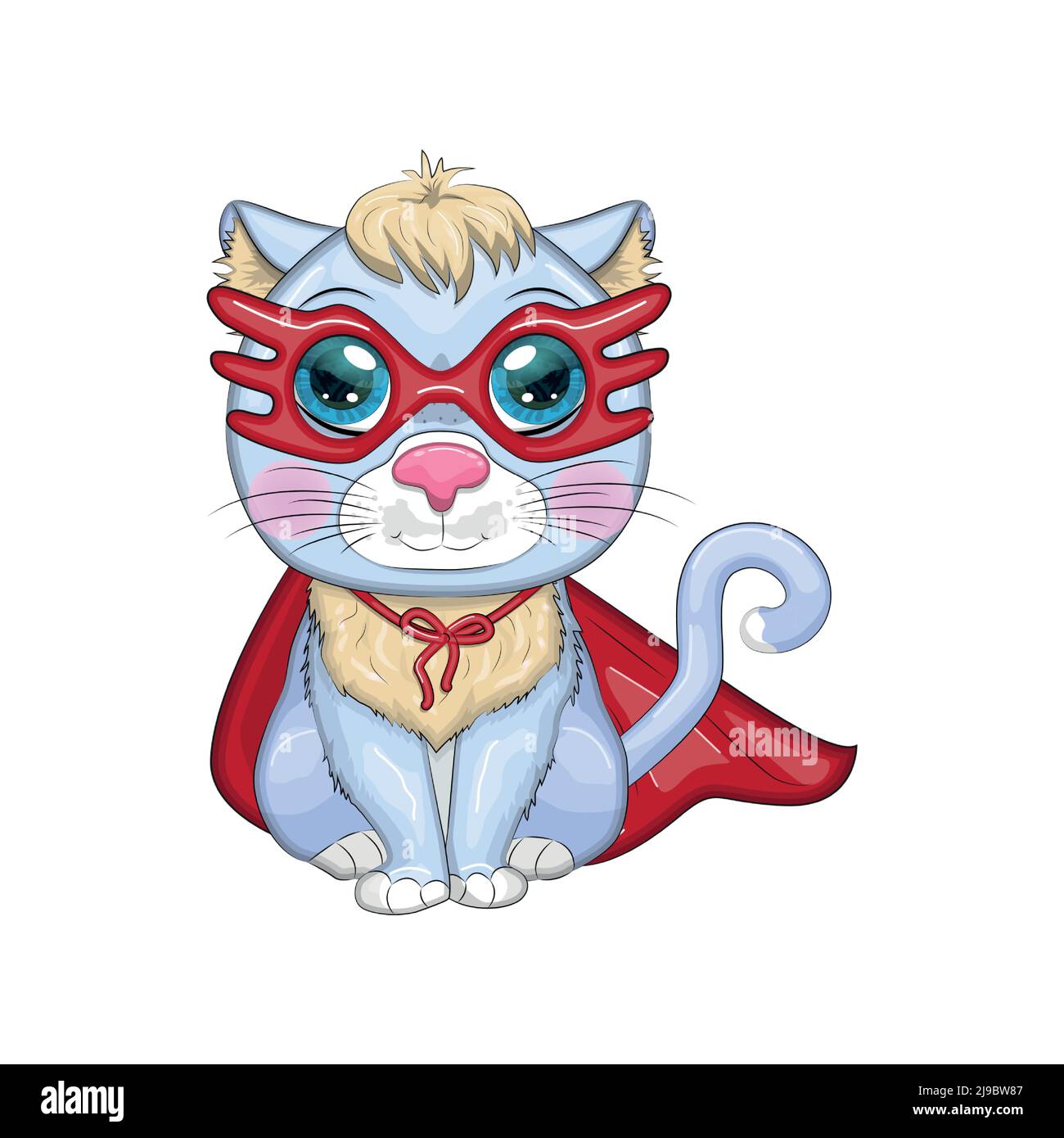 Cartoon cat superhero in a red cloak and mask. Cute child character ...