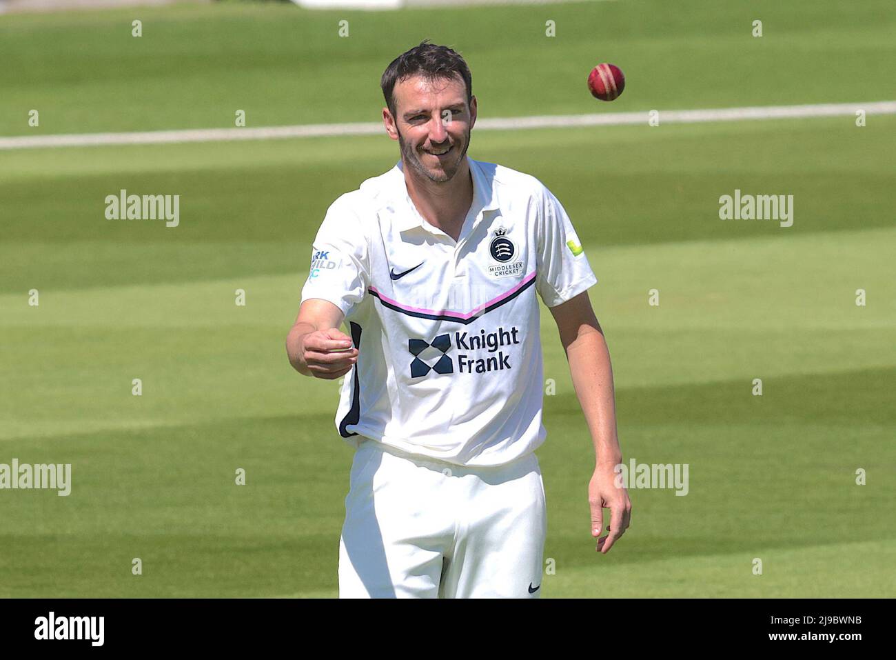 22 May, 2022. London, UK. Middlesex’s Toby Roland-Jones bowling as ...