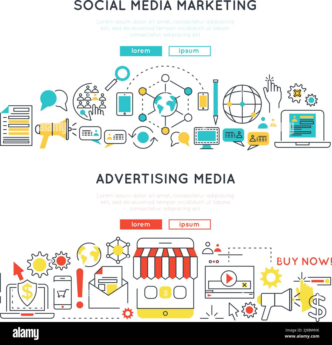 Digital marketing horizontal linear banners with social media and ...