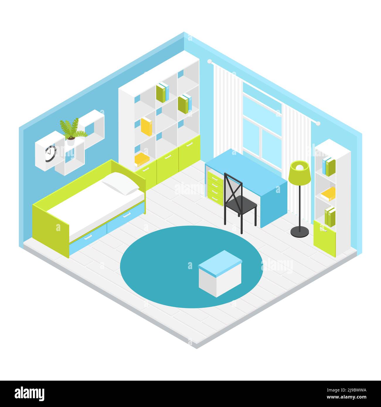 Colored isometric children room composition with bright walls modern ...