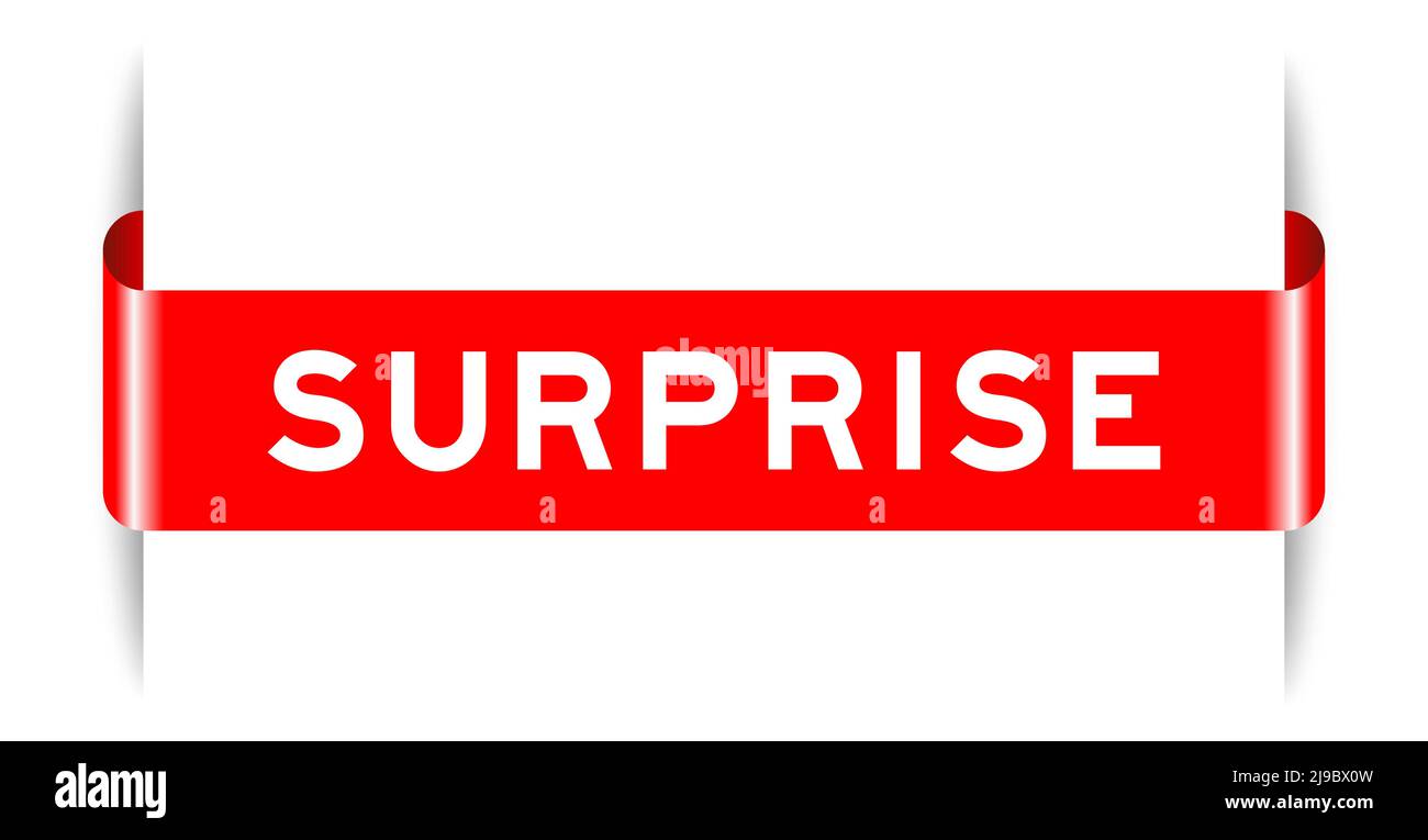 Red color inserted label banner with word surprise on white background ...